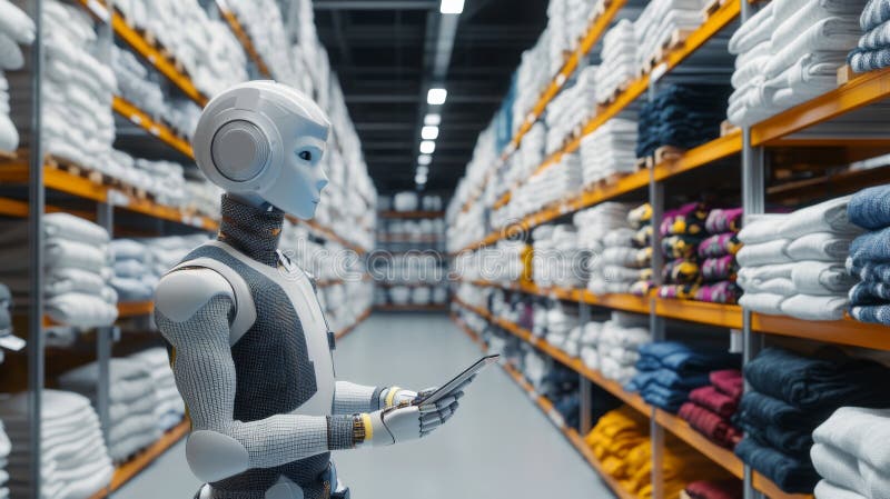 Robot in Warehouse with Shelves Stocked with Textile, Concept of ...