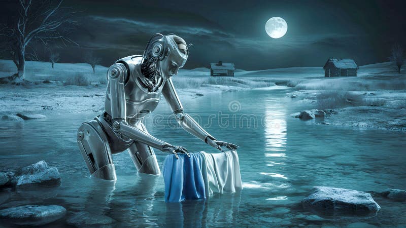 Robot Washing Clothes in the River Stock Illustration - Illustration of ...