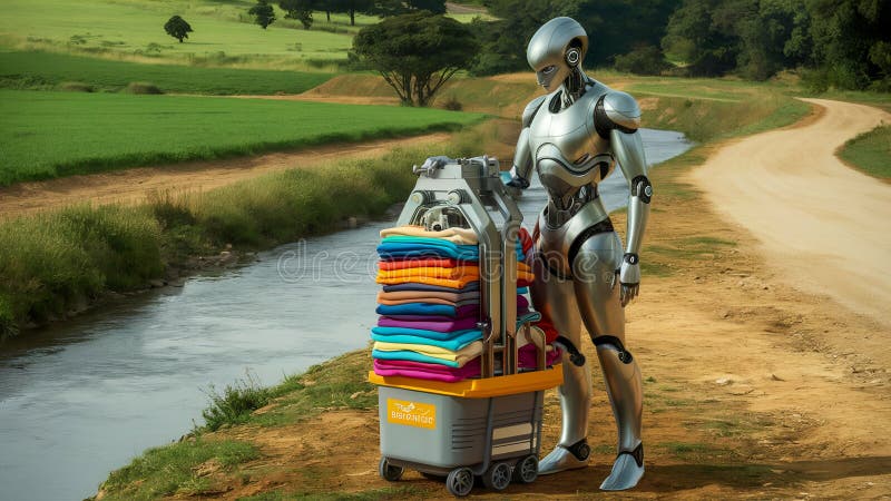 Robot Washing Clothes in the River Stock Illustration - Illustration of ...