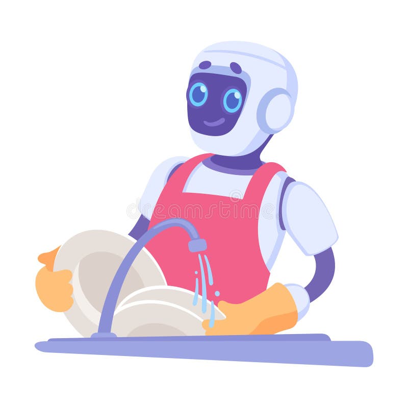 Robot Washing Dishes As Smart Android Assistant Machine Vector ...