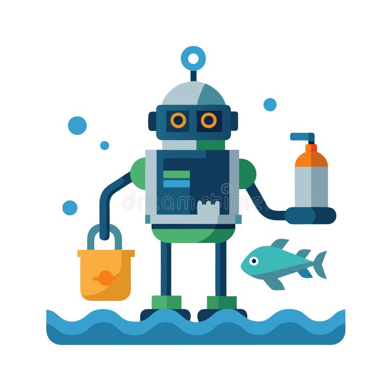Robot in Water with Fish, Bucket, and Bottle Illustration Stock Vector ...