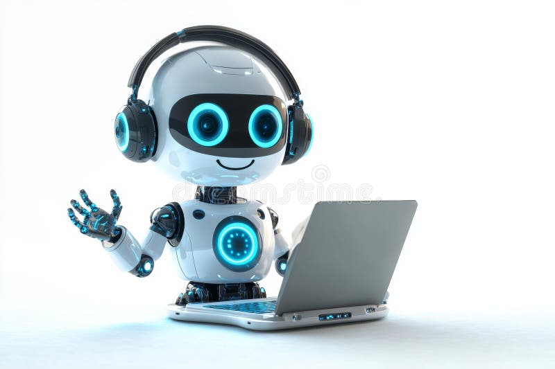 The Robot Waved Hello in a Cartoon Style Using a Laptop. Illustration ...