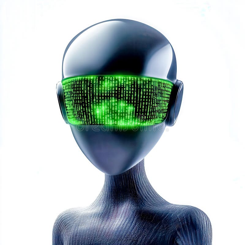 Robot Wearing Digital Visor Showing Green Binary Code Stock Image ...