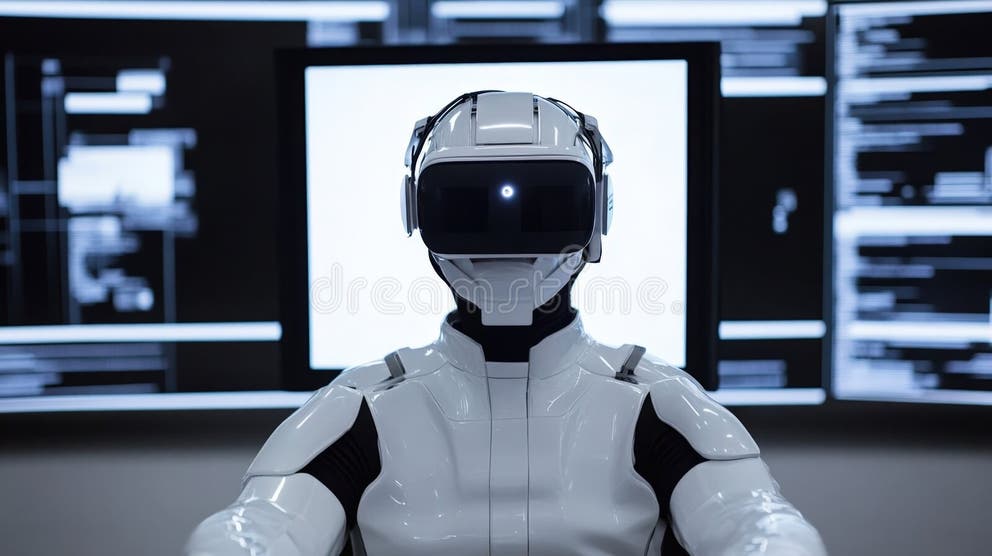 Robot Wearing Virtual Reality Headset Monitoring Cyber Security Stock Image Image Of Internet
