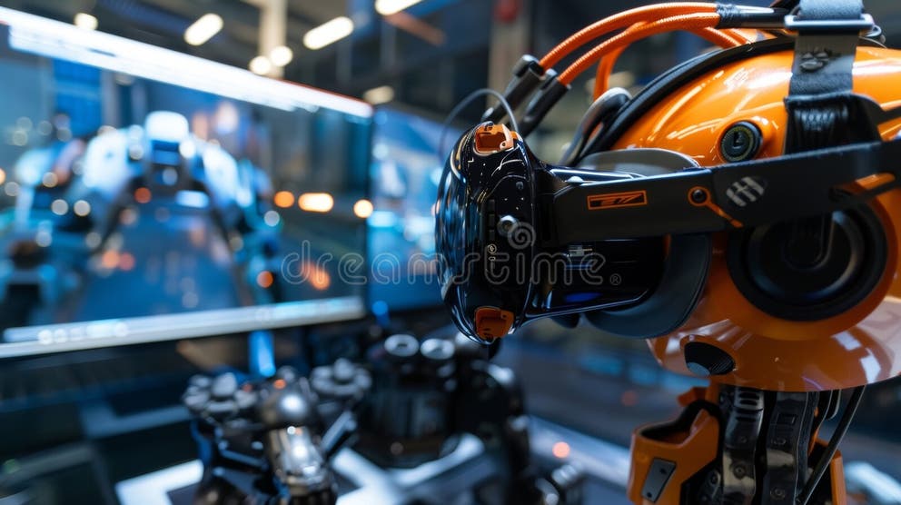 Robot Wearing Vr Headset Analyzing Data on Computer Screen Stock Photo ...