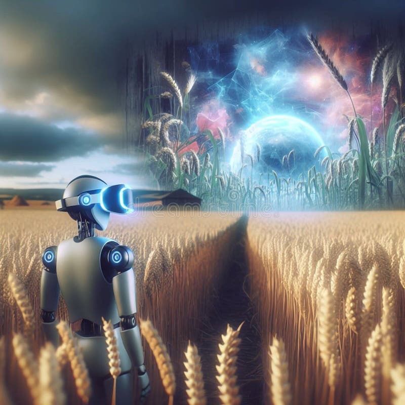 A Robot Wearing a VR Headset Stands in a Wheat Field, Viewing a Virtual ...