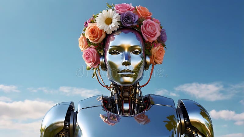 Robot Wears a Flower Crown. Generative AI. Stock Illustration ...