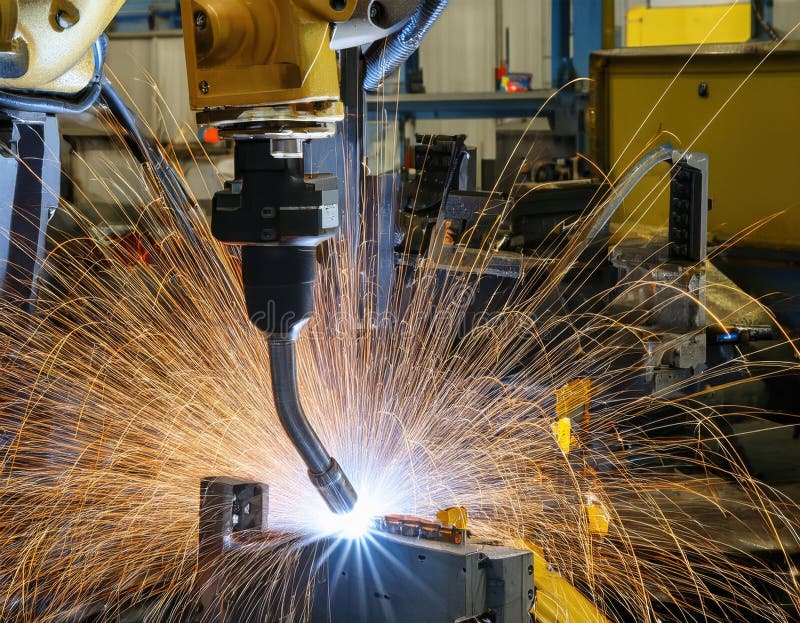 Robot Welder Creating Sparks during Metal Fabrication in a Workshop ...