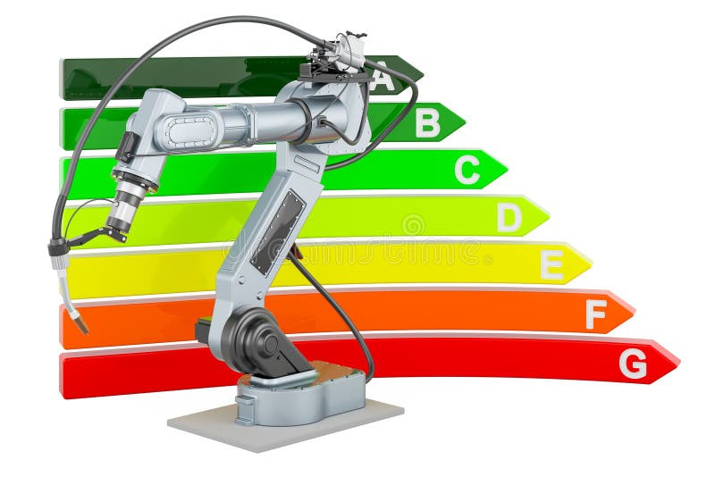 Robot Welding with Energy Efficiency Chart, 3D Rendering Stock ...