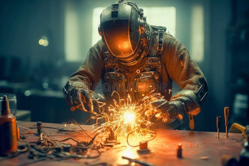Robot Welding with a Lot of Sparks and Smoke, Futuristic Image from the ...