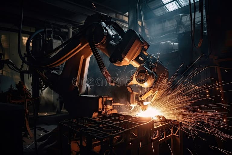 Robot Welding Together Metal Structures, Using Flame and Sparks for ...