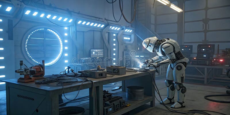 A Robot Welding at a Workbench in a Futuristic Looking Workshop Area ...