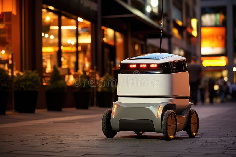 A Robot on Wheels Delivers a Parcel through a City Street Stock Photo ...