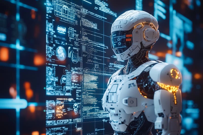 A Robot Standing in Front of a Computer Screen Stock Image - Image of ...