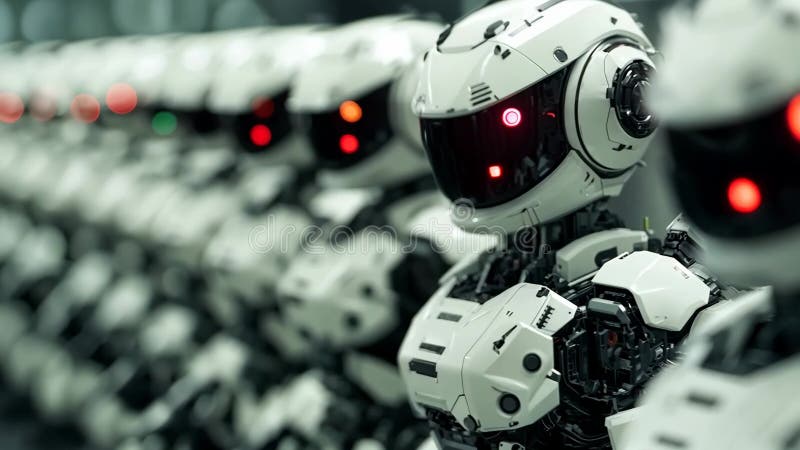 A Row of White Robots with Red Eyes in a Row Stock Footage - Video of ...