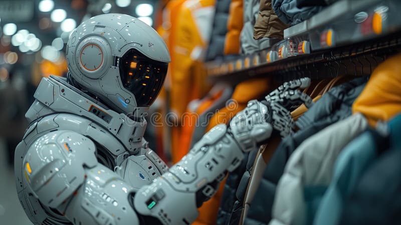 A Robot in a White Suit is Looking at Clothes on a Rack Stock Image ...