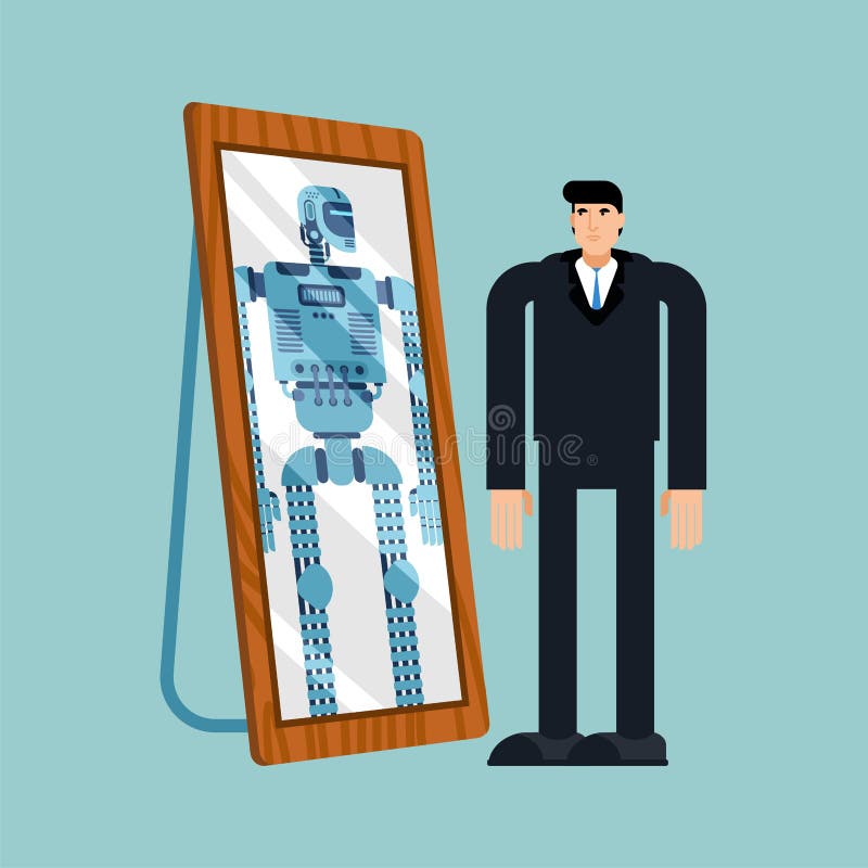 Robot Will Replace Human. Robot is Reflected in Mirror of Man Stock ...