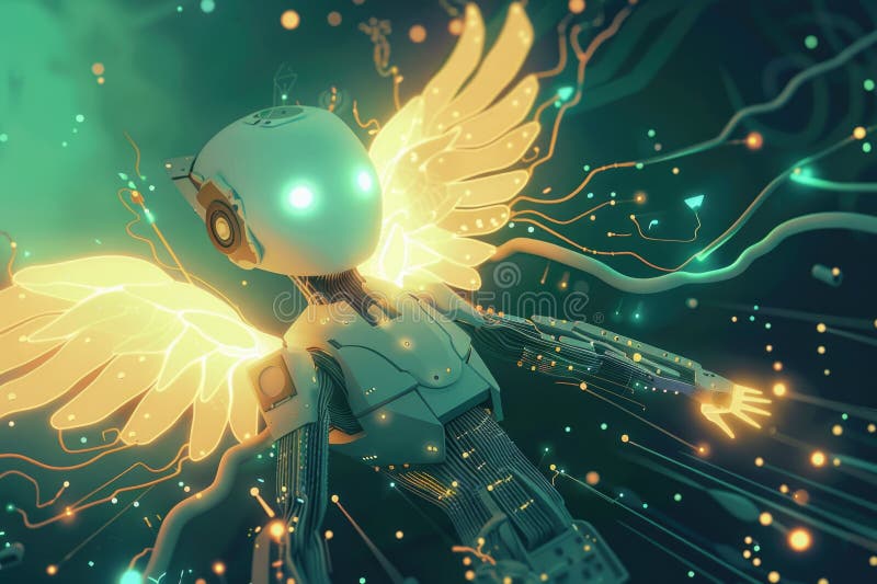 A Robot with Wings Flying through the Air. Suitable for Technology and ...