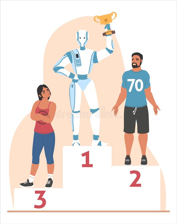 Robot on Winner Pedestal with Trophy Cup. Robot Machine Winning ...