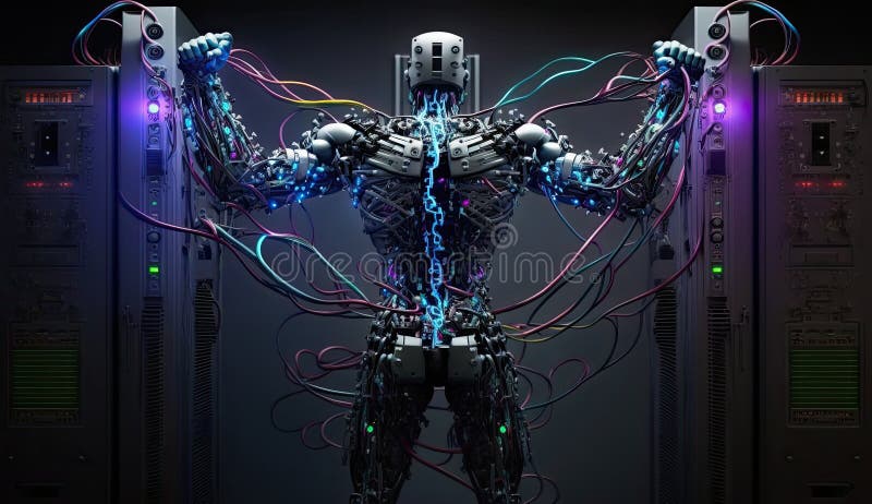 Horizontal Composition of Cyborg Robot Getting Charged Up Stock Photo ...