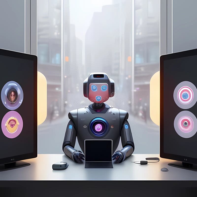 Robot Working at an Office Desk Stock Image - Image of futuristic ...