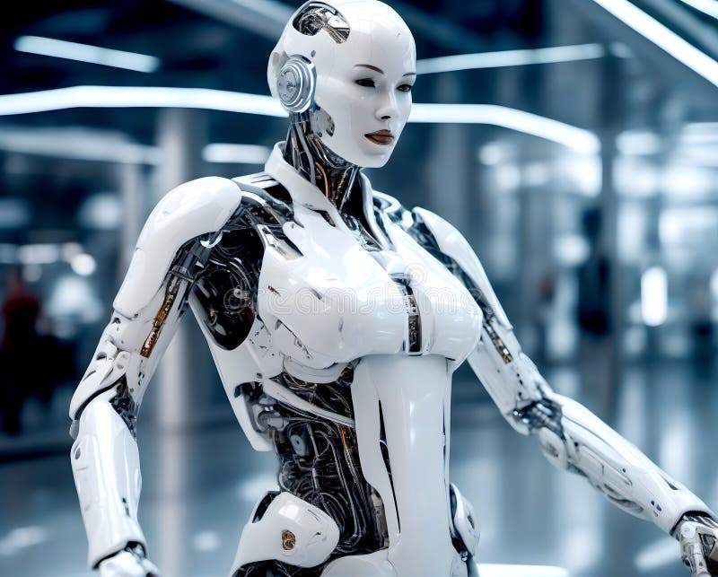 Robot Woman Android with High Tech Background Stock Illustration ...