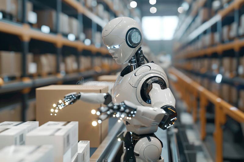 Robot at Work in the Factory. Warehouse Working on Production Line ...