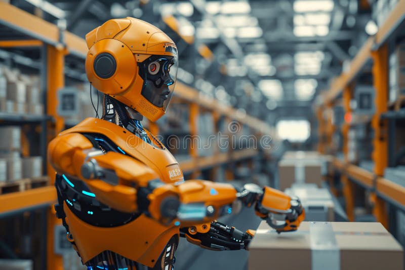 Robot at Work in the Factory. Warehouse Working on Production Line ...