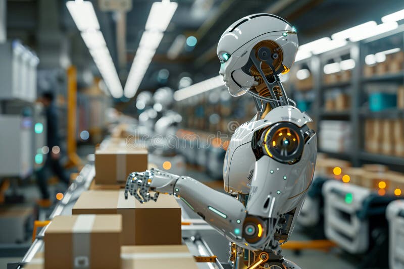 Robot at Work in the Factory. Warehouse Working on Production Line ...