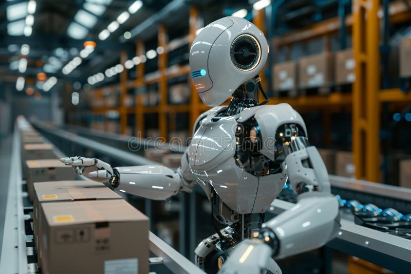 Robot at Work in the Factory. Warehouse Working on Production Line ...