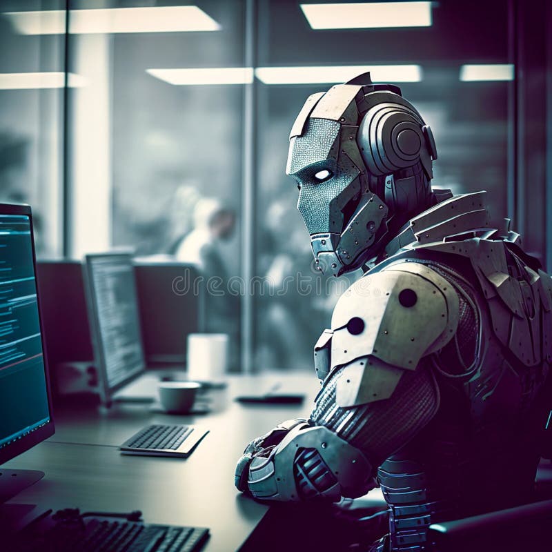 AI at Work: Futuristic Robot Woman Cyberwoman Typing in Neon-Lit Room ...