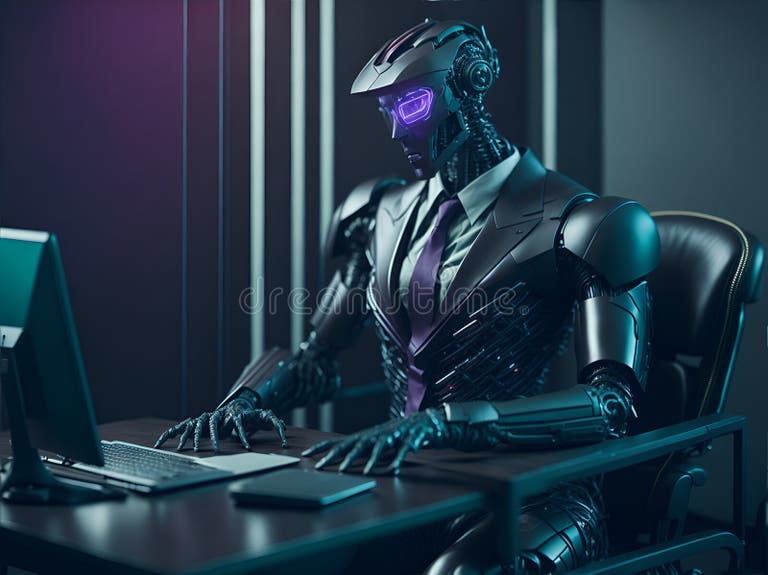 Robot at Work in the Office Stock Illustration - Illustration of ...