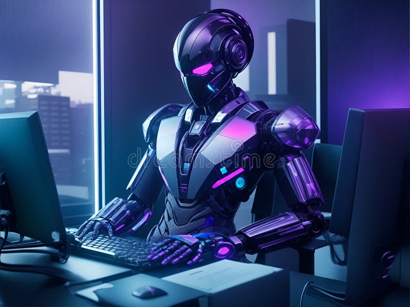 Robot at Work in the Office Stock Illustration - Illustration of ...