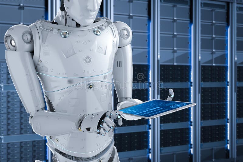 Robot work on tablet stock image. Image of read, automaton - 111685707