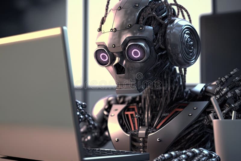 Robot Worker is Sitting at Desk and Working on a Laptop. Concept of the ...
