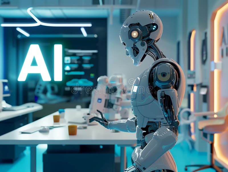 Robot working in an ai lab stock illustration. Illustration of computer ...