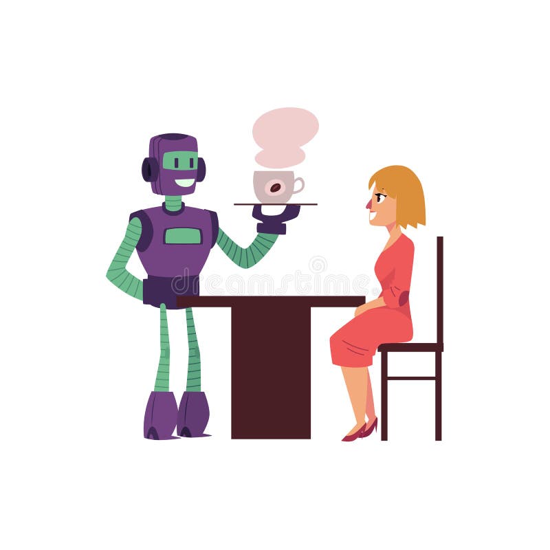 Robot Working As Waiter, Holding Tray, Serving Tea Stock Vector ... Robot Working As Waiter, Holding Tray, Serving Tea Stock Vector ...