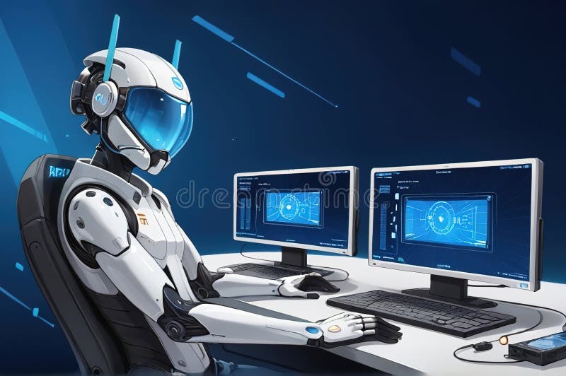 Robot Working Behind a Computer at 19-8-2024 Stock Illustration ...