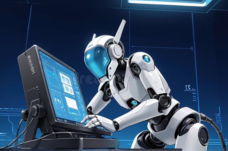 Robot Working Behind a Computer at 19-8-2024 Stock Illustration ...