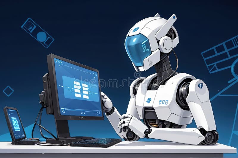 Robot Working Behind a Computer at 19-8-2024 Stock Illustration ...
