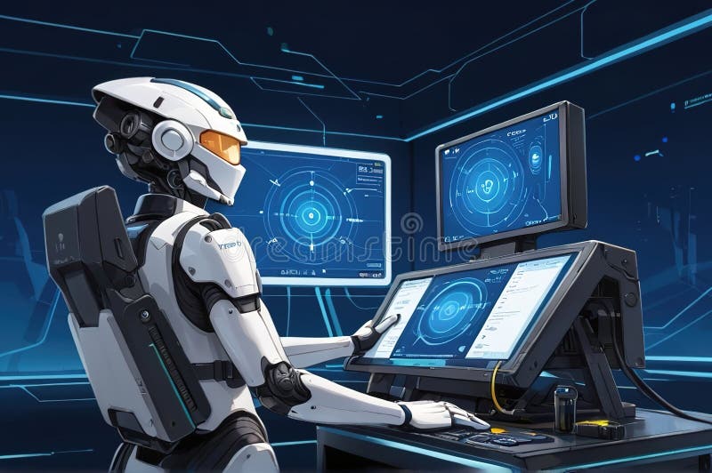 Robot Working Behind a Computer at 19-8-2024 Stock Illustration ...