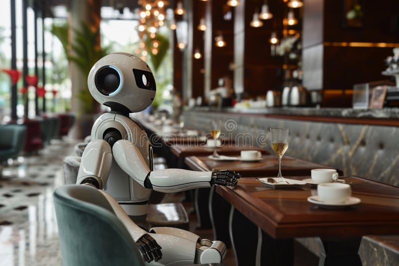 Robot Working in the Cafe Close Up. Artificial Intelligence. Stock ...