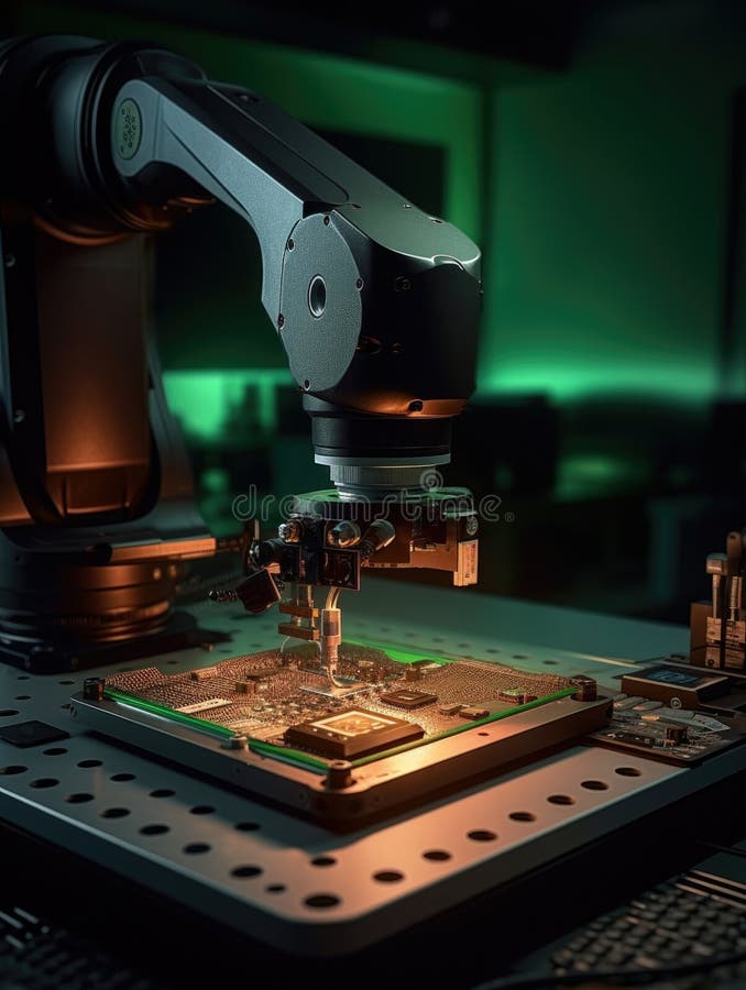 Robot is Working on a Chip in a Dark Room Stock Illustration ...