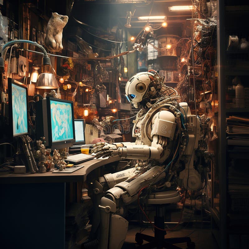 Robot Working on a Computer Stock Illustration - Illustration of future ...
