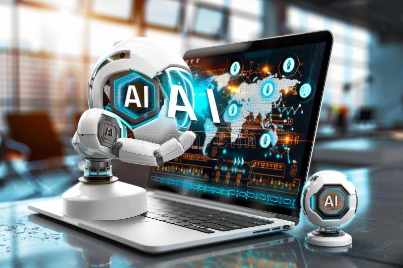 Robot Working on a Computer with AI Interface, Representing the Use of ...