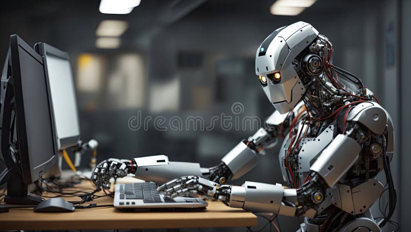 Robot Working at Computer on Blurred Background Stock Illustration ...