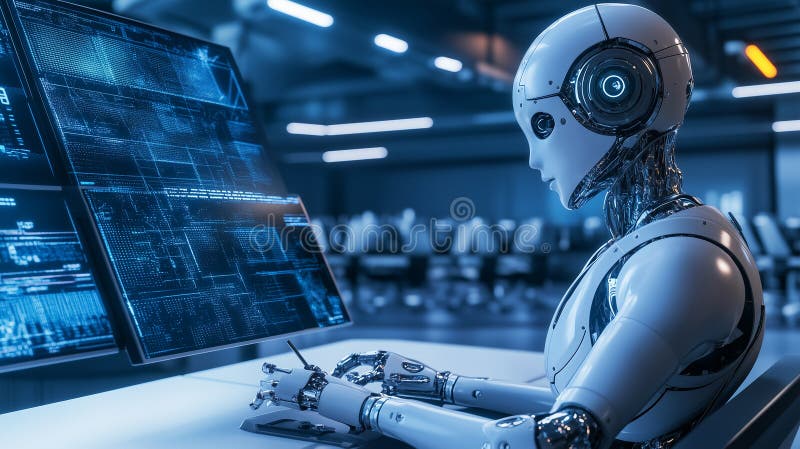 Robot Working on Computer Screen with Complex Data in Futuristic Lab ...