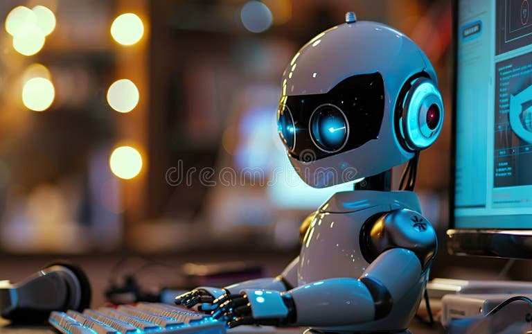 Robot Working on a Computer, Copy Space, Blur. AI Centered World ...