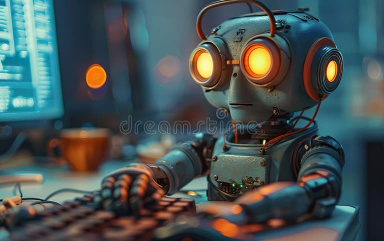 Robot Working on a Computer, Copy Space, Blur. AI Centered World ...