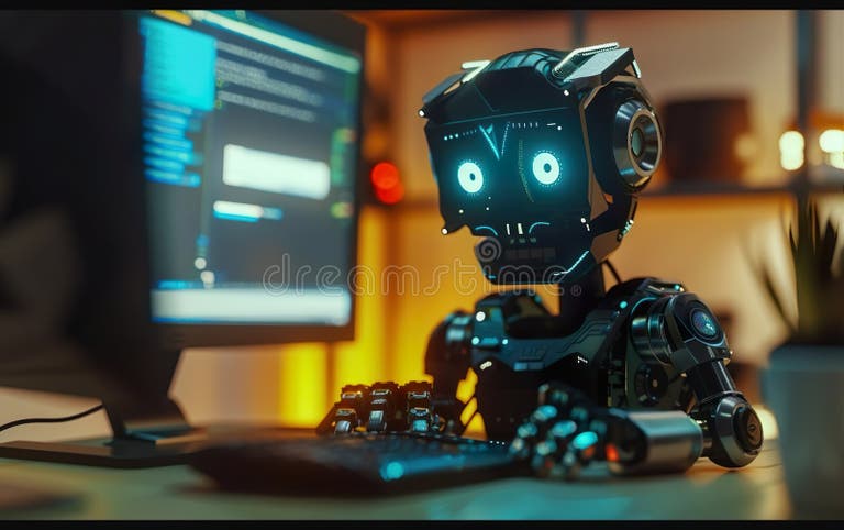 Robot Working on a Computer, Copy Space, Blur. AI Centered World Concept Stock Illustration ...